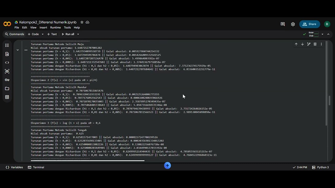 Implementasi Diferensi Numerik & Richardson Extrapolation | Tugas Metode Numerik