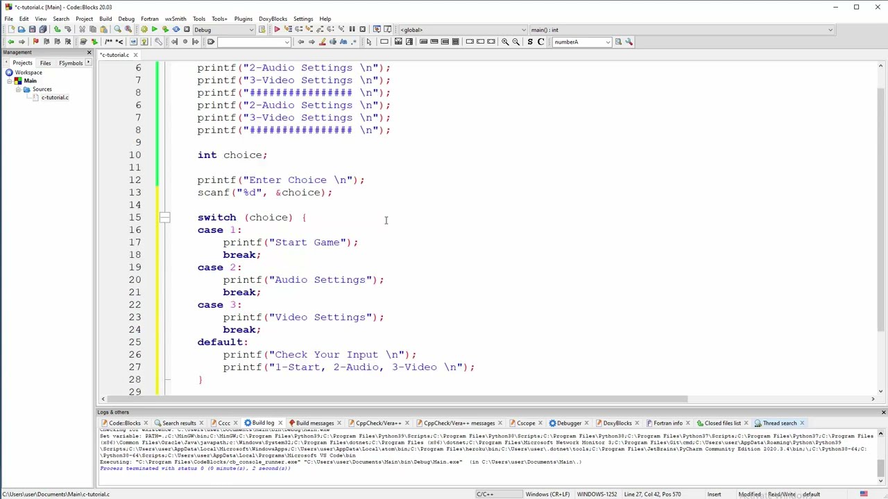 C Tutorial - 9 - Switch Statement with User Input