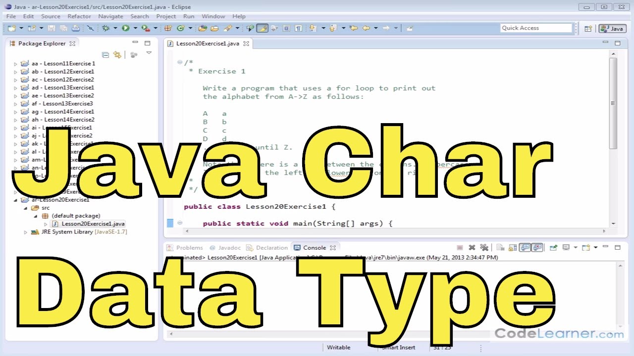 20x - Learn Java Character Data Type - Exercise 1