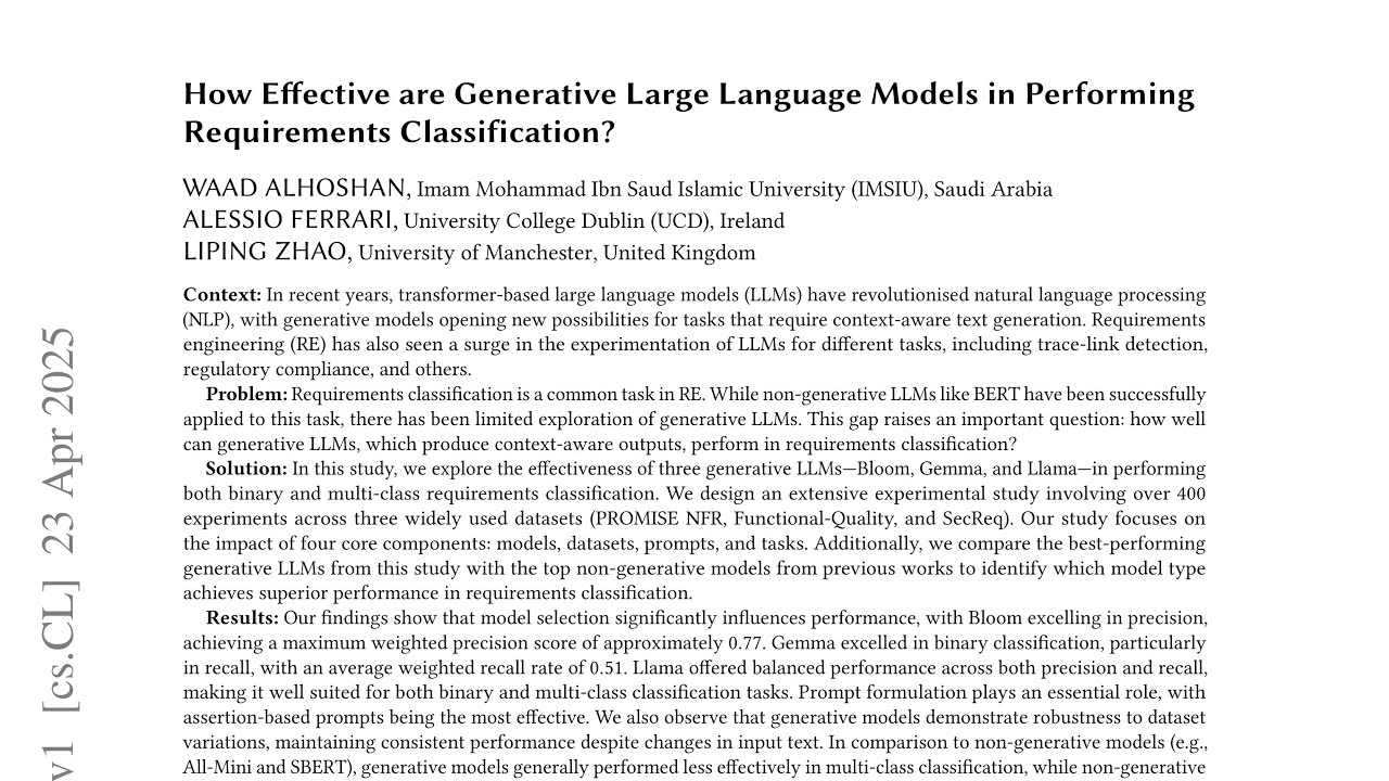 How Effective are Generative Large Language Models in Performing   Requirements Classification?