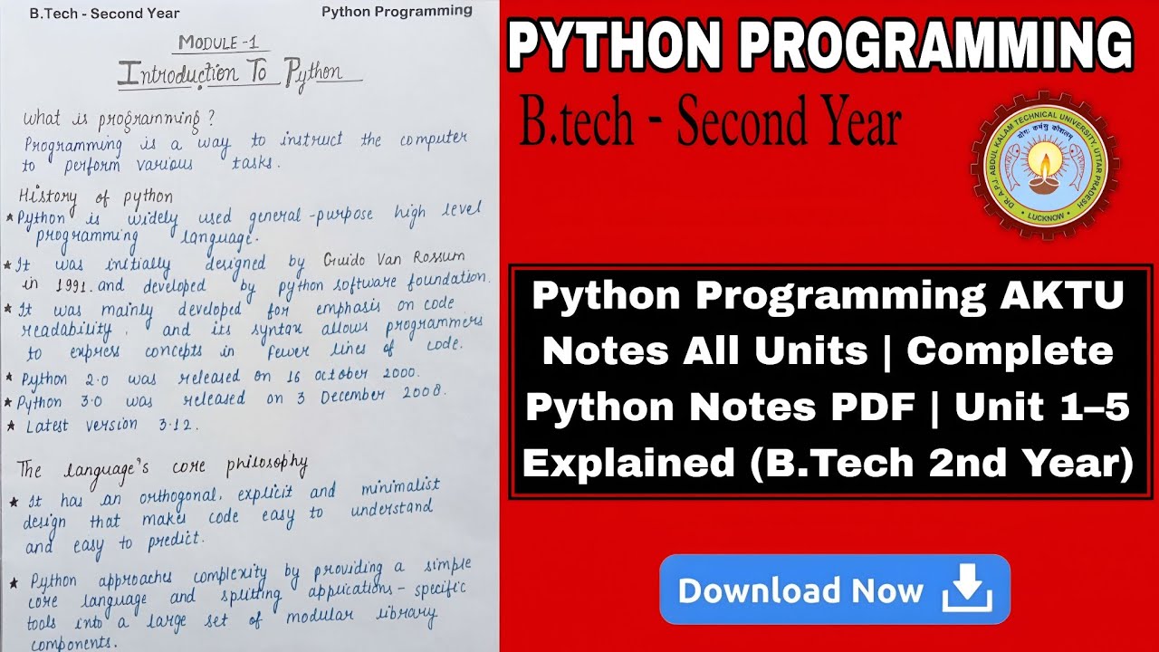 Python Programming AKTU Notes All Units | Complete Python Notes PDF | Unit 1–5 Explained (B.Tech)