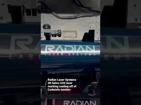 Radian Laser 3D Galvo CO2 laser marking coating off of Corkcicle Tumbler.