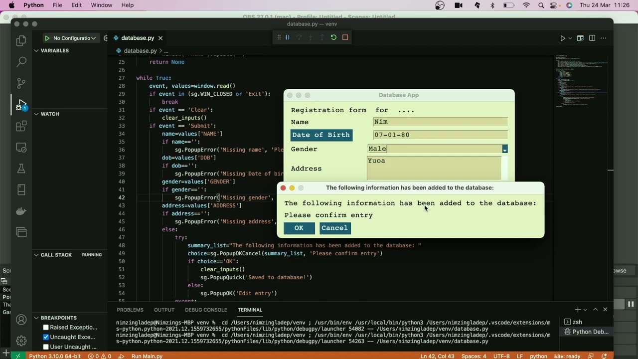 How to develop a database using python - Validate inputs and get popups #pysimplegui #python - #5