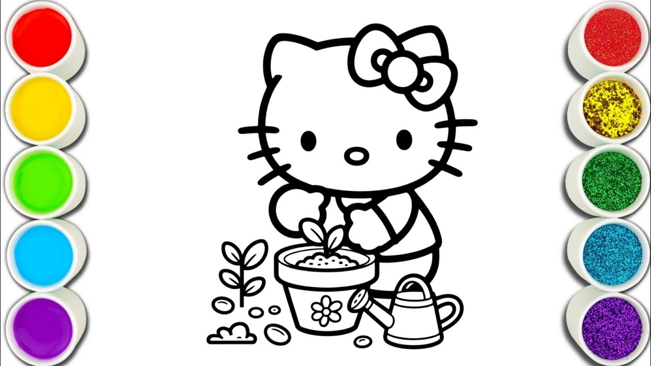 Hello Kitty Gardening Drawing & Coloring 🌸 | Cute Hello Kitty Coloring for Kids