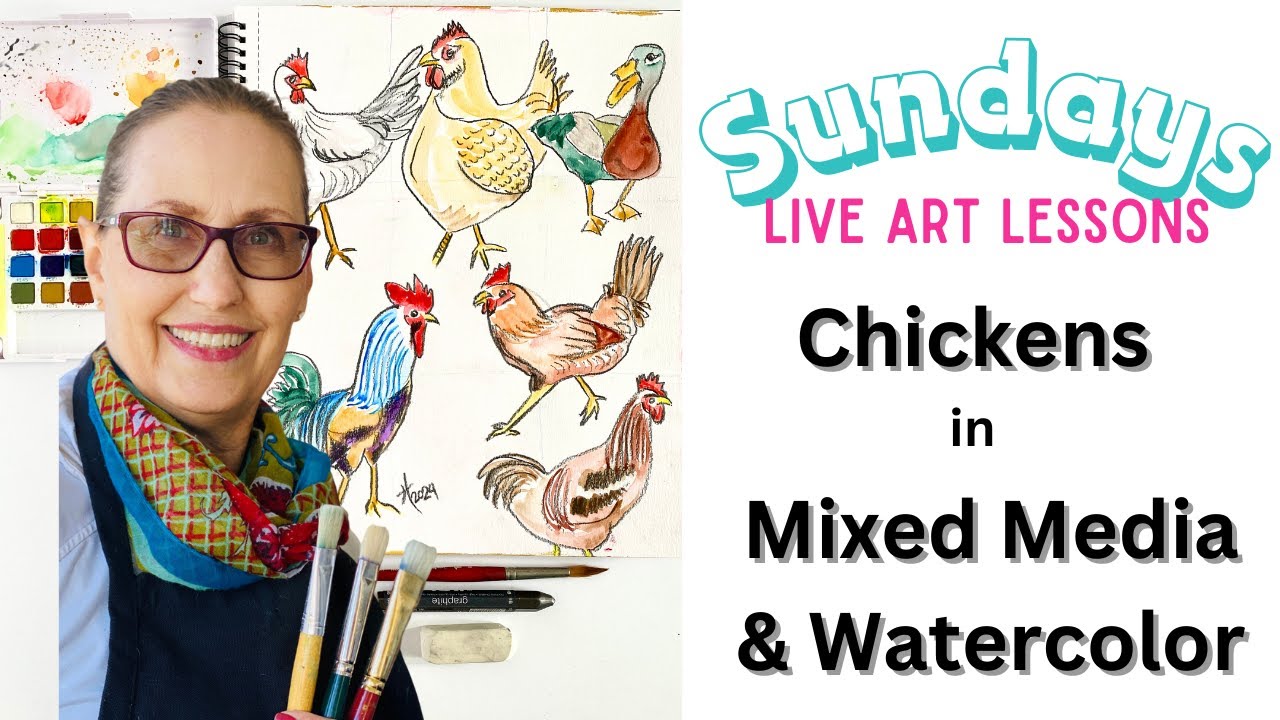 Chickens in Mixed Media and Watercolor Live Painting Class #art #paintingideas #chickenart
