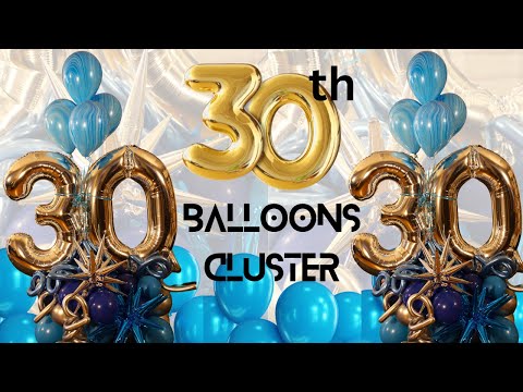 30th Balloons Cluster | Big Number Mylar Balloon with Chrome Silver and Blue Latex Balloon & Stars