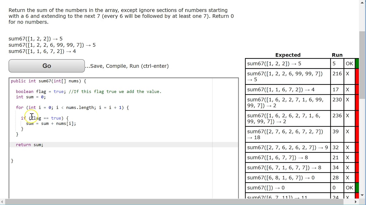Coding Bat Solutions - Arrays 2 - sum67 (Solution 1)