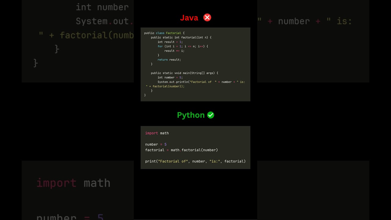 Factorial Calculation: Java vs Python - Code Comparison #Java #Python #CodingTips