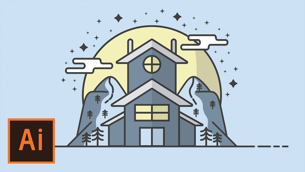 Illustrator Tutorial - Snow Cabin Mountain Flat Design (Illustrator Flat Design Tutorial)