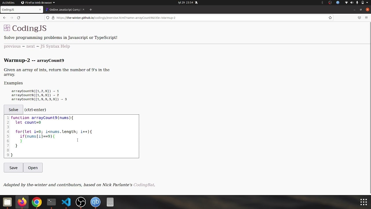 Warmup 2 arrayCount9 Javascript solution