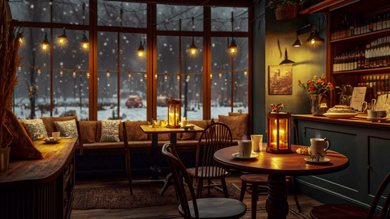 Winter Smooth Jazz Music at Bookstore Cafe - Space Quiet for Study, Relax, Read , Snow Fall Outside
