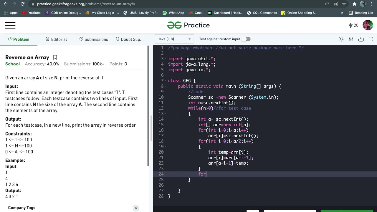 Reverse an array | GeeksForGeeks | Java | Best Case Complexity