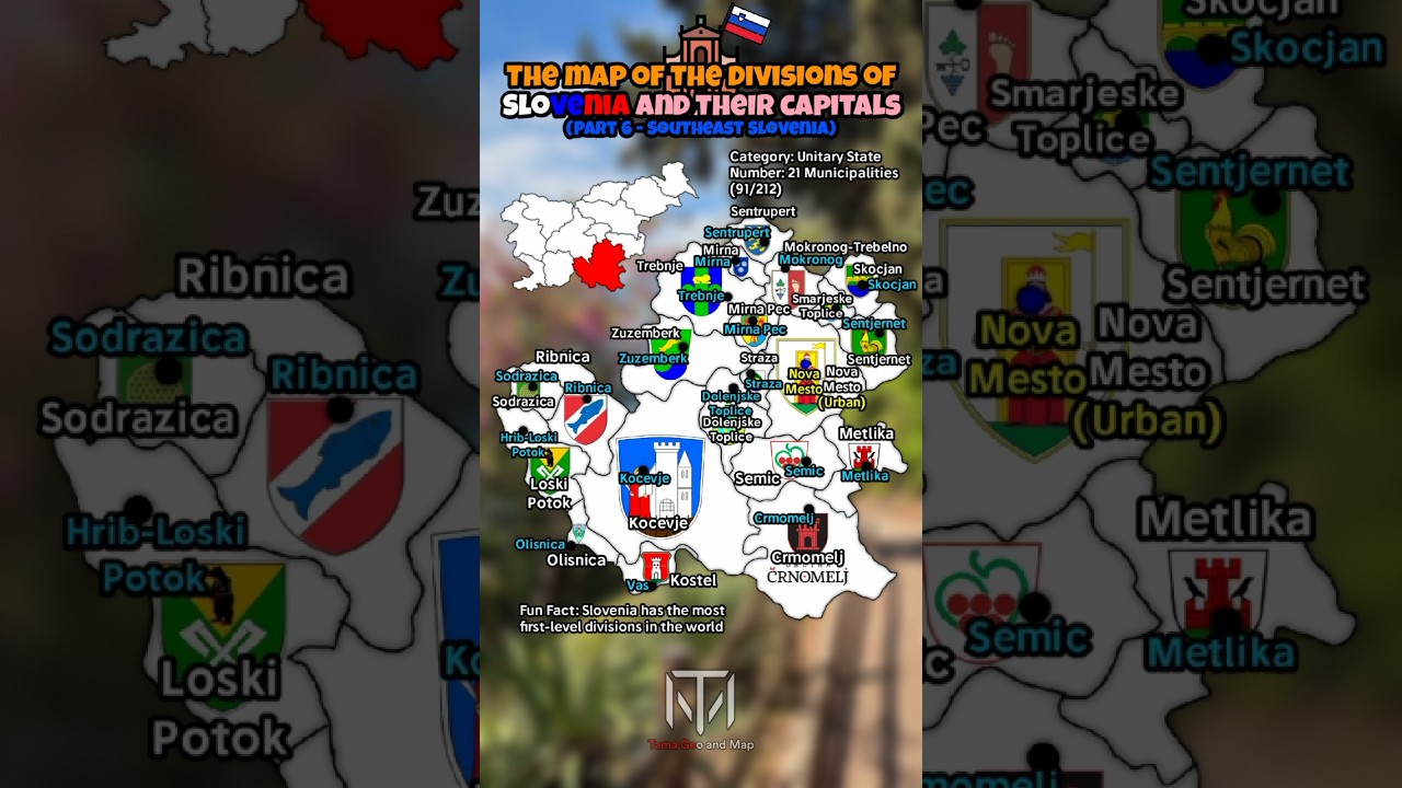 (Part 6 - Southeast Slovenia) The map of the divisions of Slovenia and their capitals