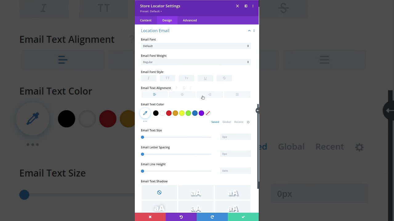 Location Email (Design Tab) - Divi Store Locator Module Settings