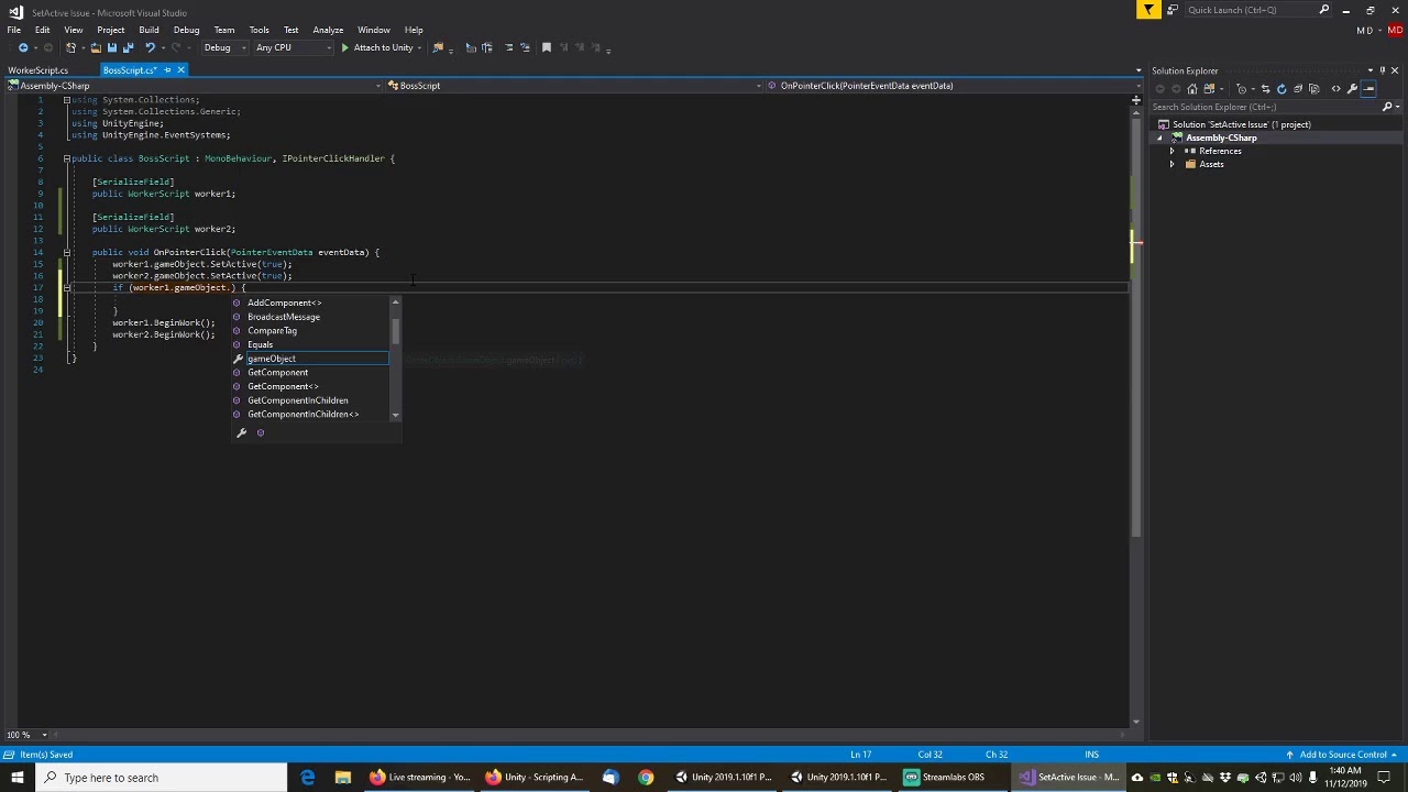 Unity C# Tutorial - Detect SetActive Not Working