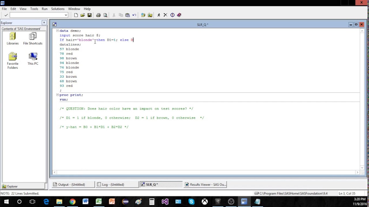 SAS - Simple Linear Regression with Qualitative Variables