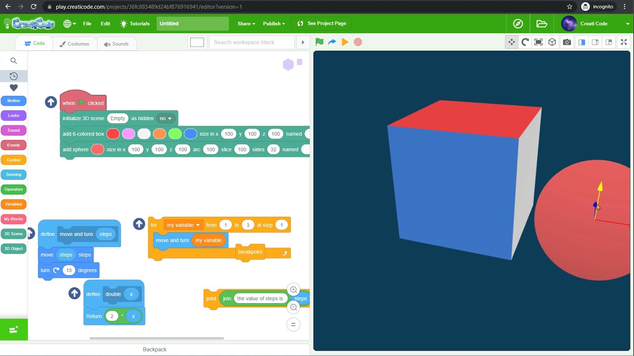 How to use the Scratch-based playground at CreatiCode.com for 2D and 3D programming