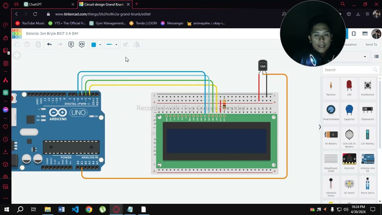 Temperature sensor with LCD in Tinkercad