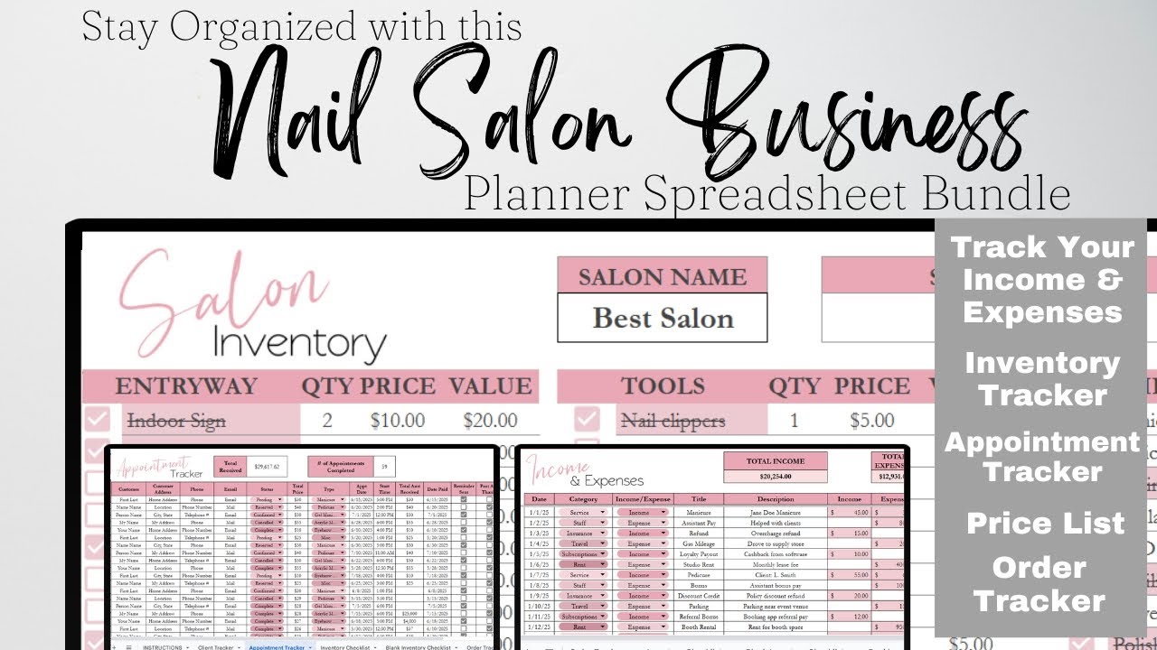 Nail Salon Business Planner Template Google Sheets, Salon Bookkeeping, Nail Salon Inventory Tracker