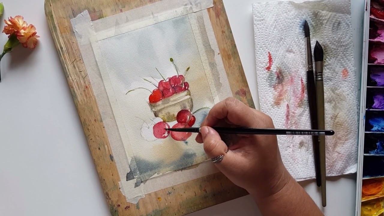 Watercolour Still Life: Cherries in a bowl