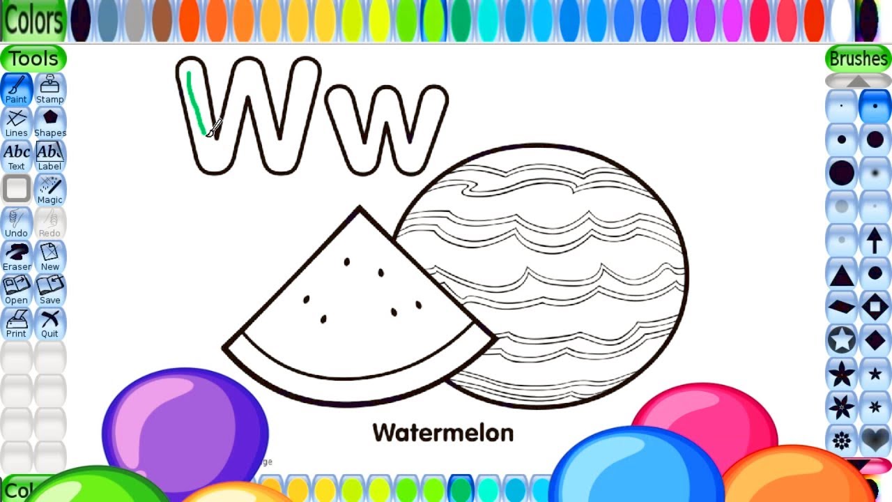 Coloring Pages for Kids | Alphabet letter W Coloring Sheets | Watermelon Coloring Pictures | Free Co