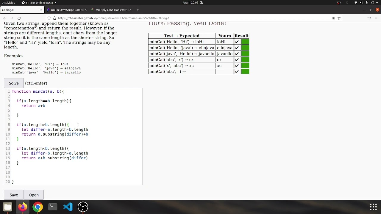 String 1 minCat Javascript solution