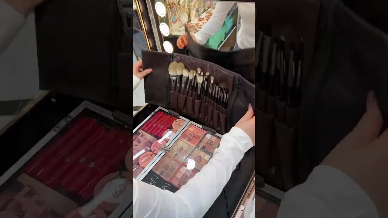 Essential makeup artist's kit: brushes, palettes, powders, liquids - all in a portable case.