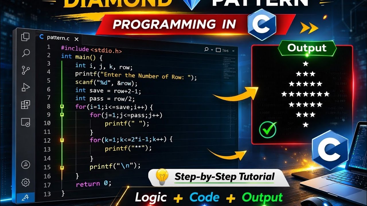 How to Print Diamond Pattern in C using VS Code | C Programming Tutorial 💎