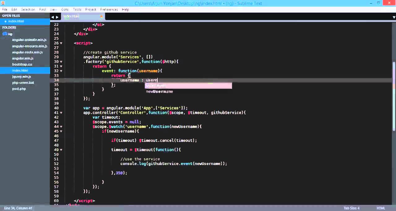 angularjs example   http ajax   create github api service, get list of events, repo 720p