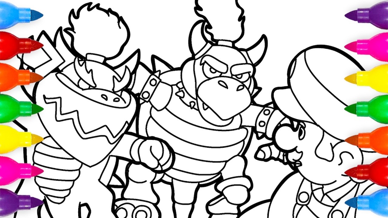 Draw and Color Wonder Bowser Jr and Dry Bowser vs Mario | Super Mario Galaxy Movie Coloring Page