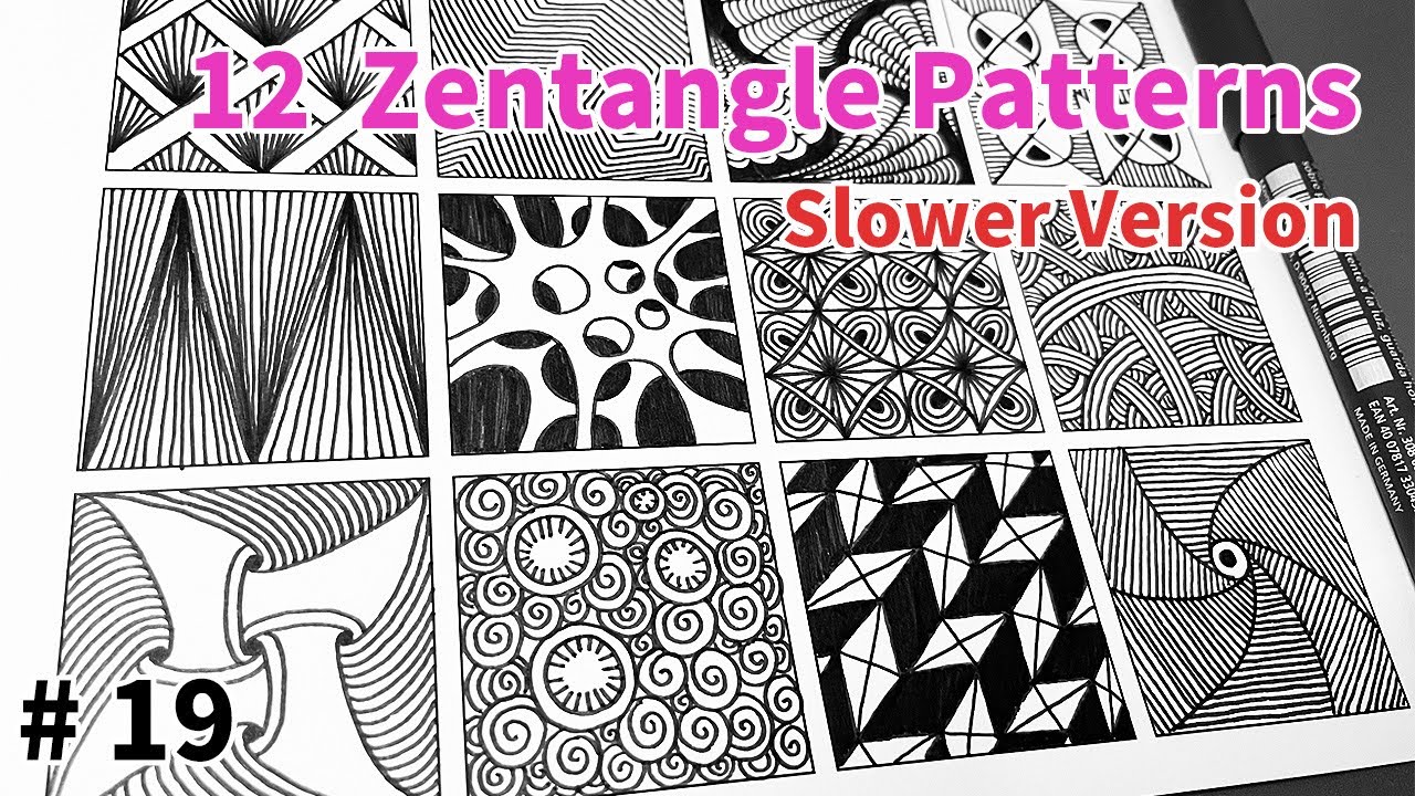12 Zentangle Patterns Tutorial Step by Step for Beginners #19 | 12 Doodle Patterns | Slower Version