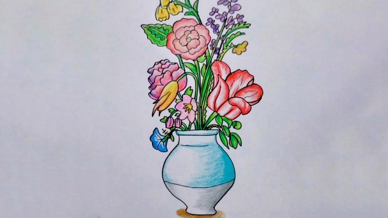 How to draw flowers and vase (Cara menggambar vas dan bunga)
