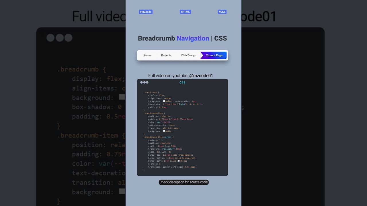 Breadcrumb Navigation with CSS 🍞 | Sleek & Responsive Menu Bar | MZCode01 #cssnavigationbar #css