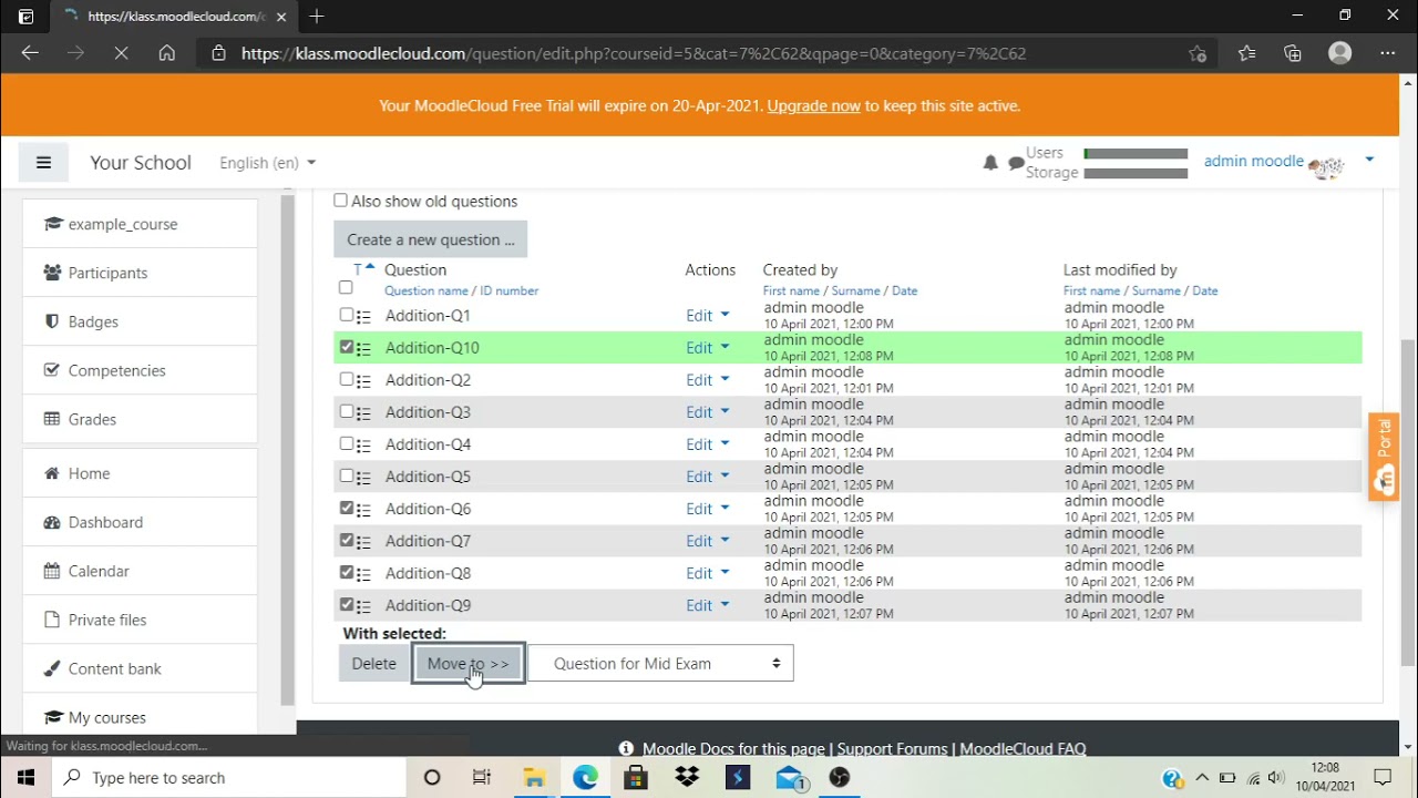 Move question in Moodle