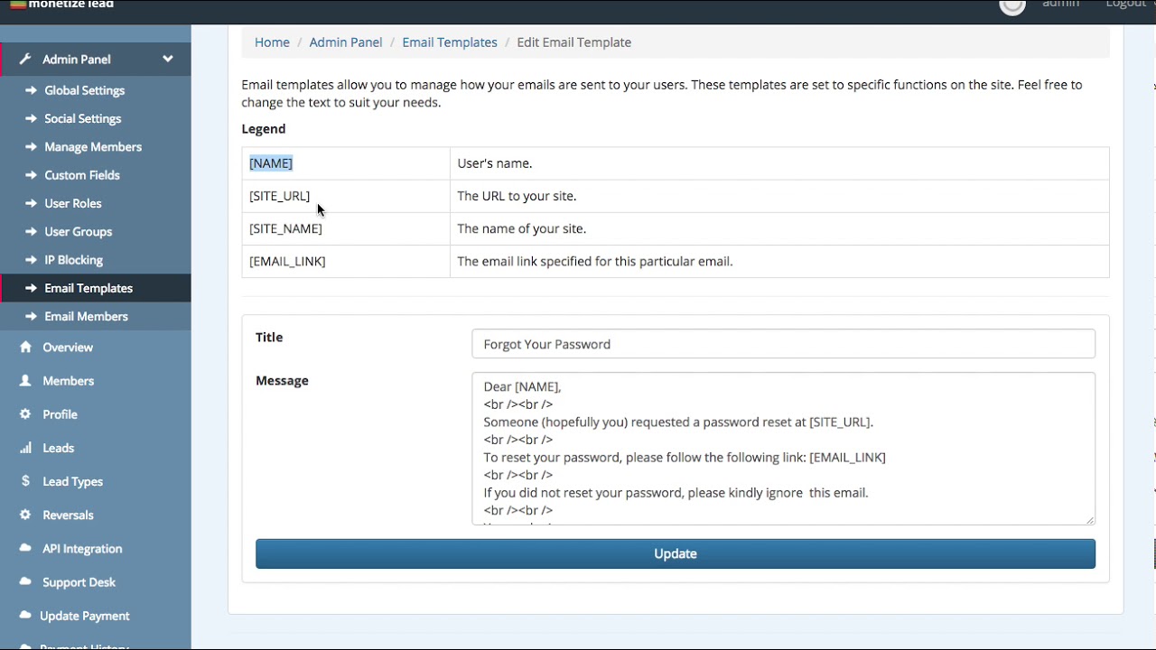 Changing email templates for forgotten passwords and activation