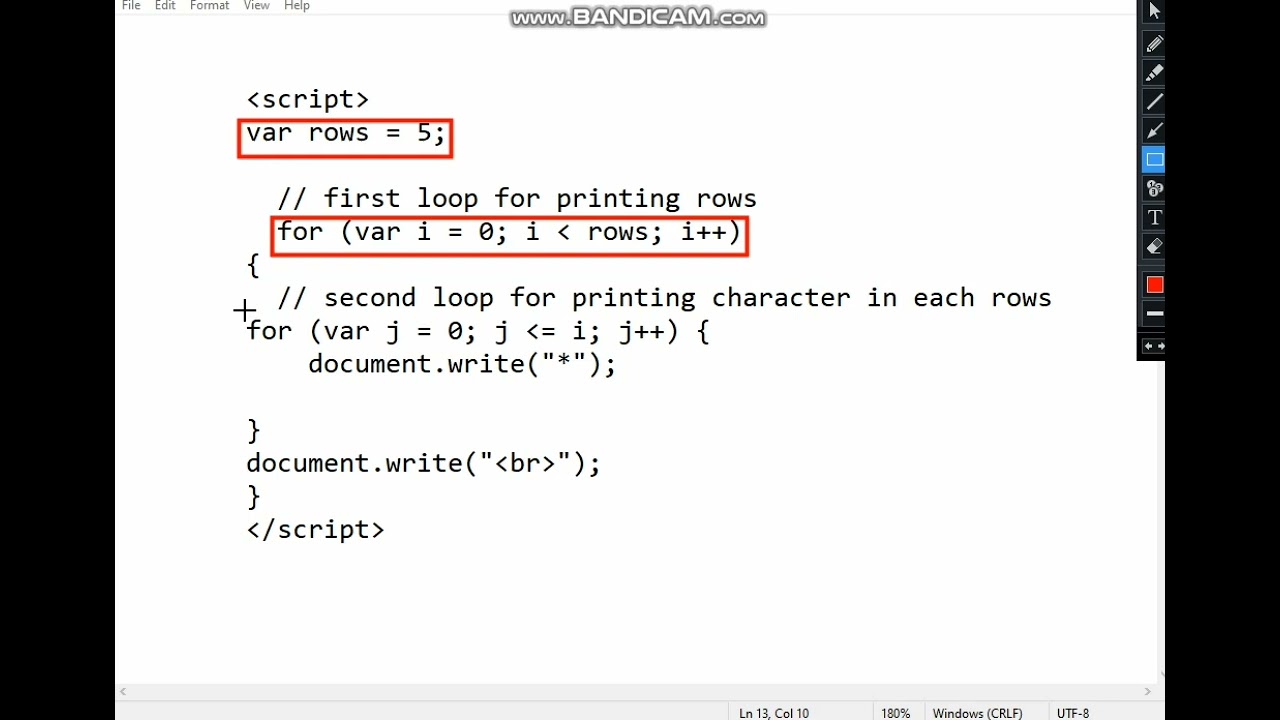 star pattern in JavaScript using nested for loop