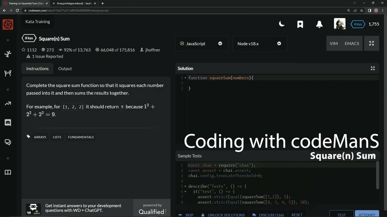 Codewars 8 kyu Square(n) Sum Javascript