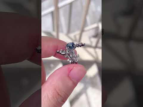 Twig Teal Sapphire Engagement Ring Nature Inspired Leaf Bridal Set Wedding Band #engagementring