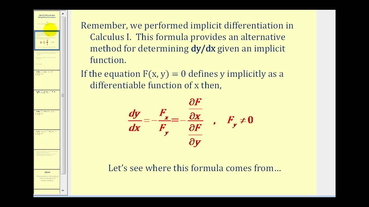 Implicit Differentiation of Functions of One Variable Using Partial Derivatives