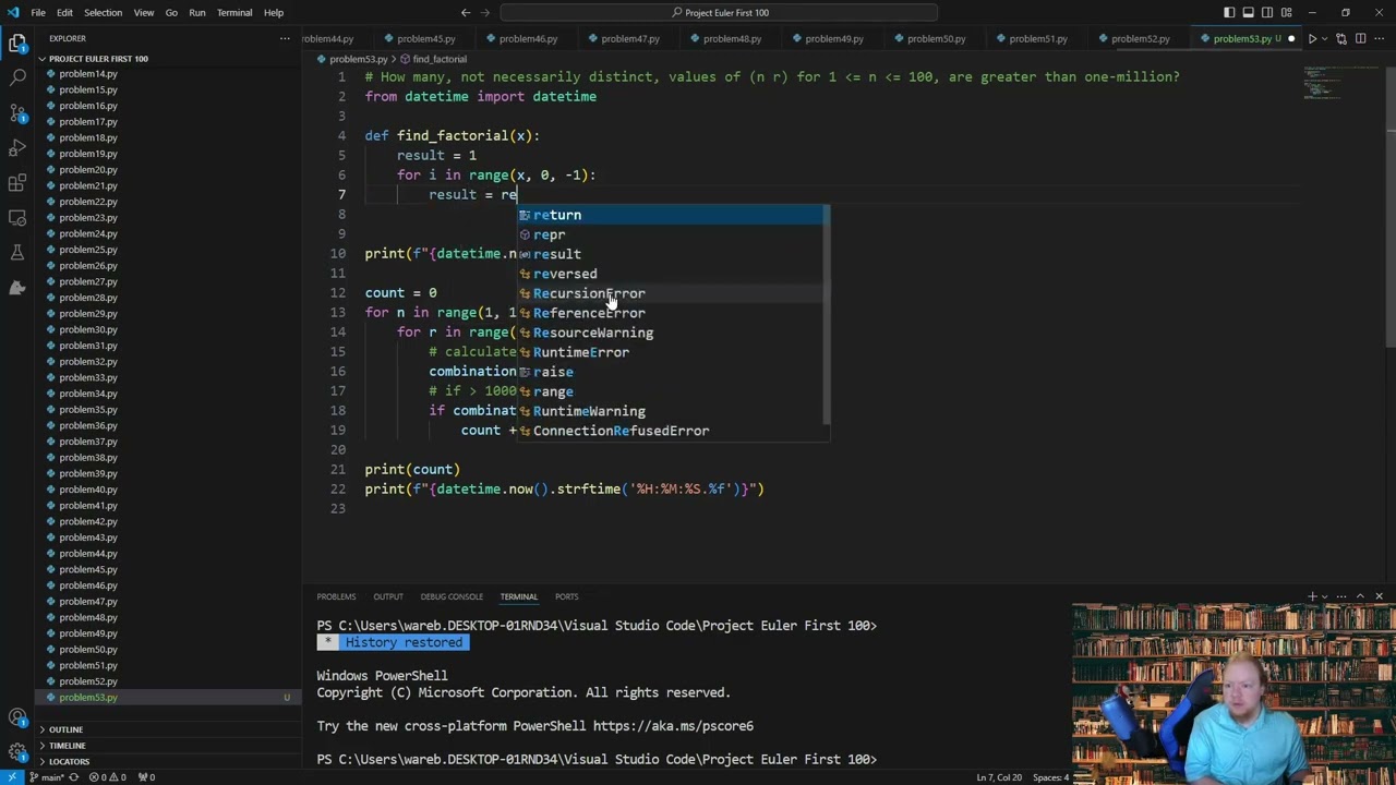 Project Euler Problem 53: Combinatoric Selections