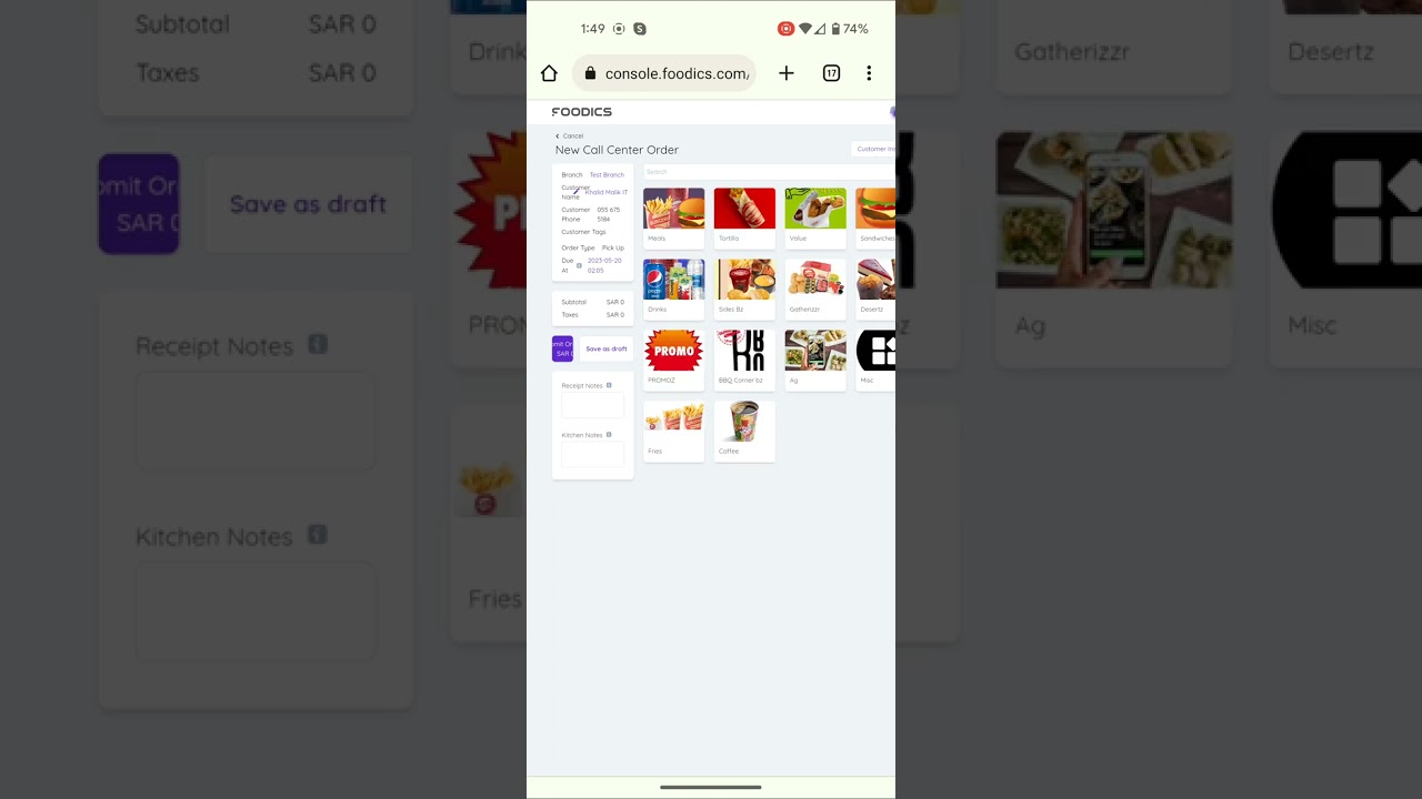call center ordering via Foodics