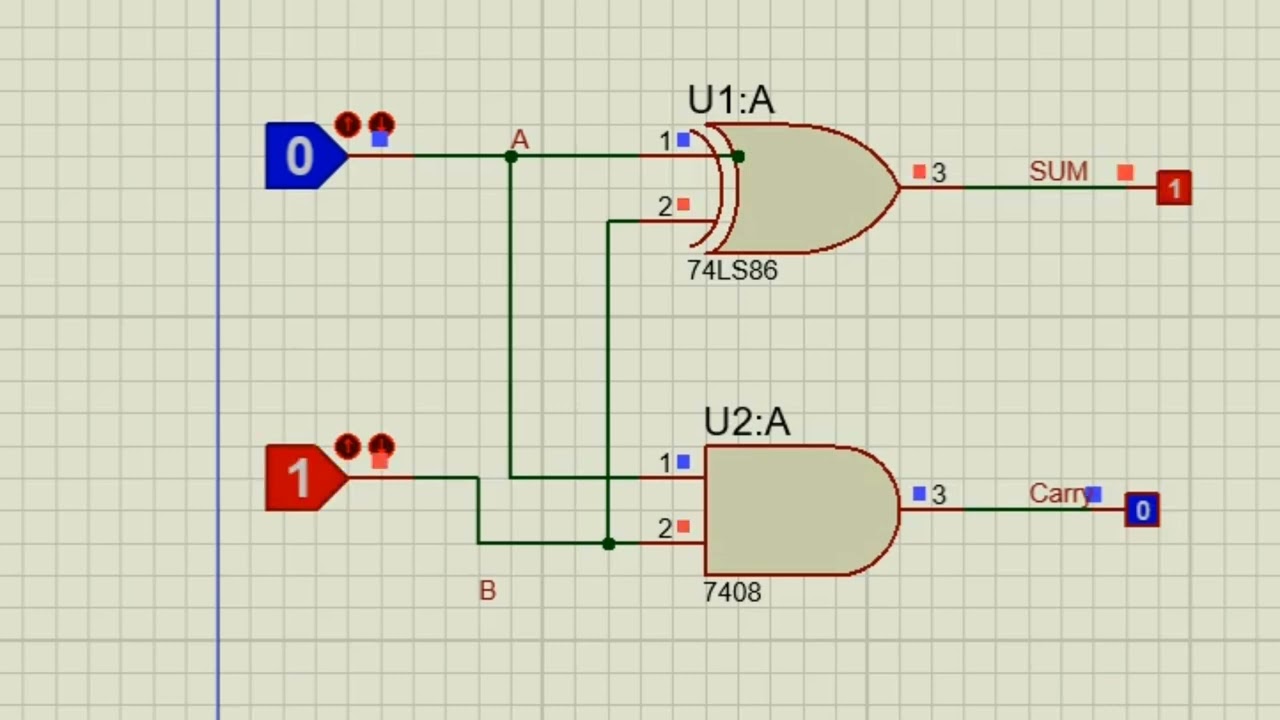 Half Adder and Full Adder Simulation on Proteus
