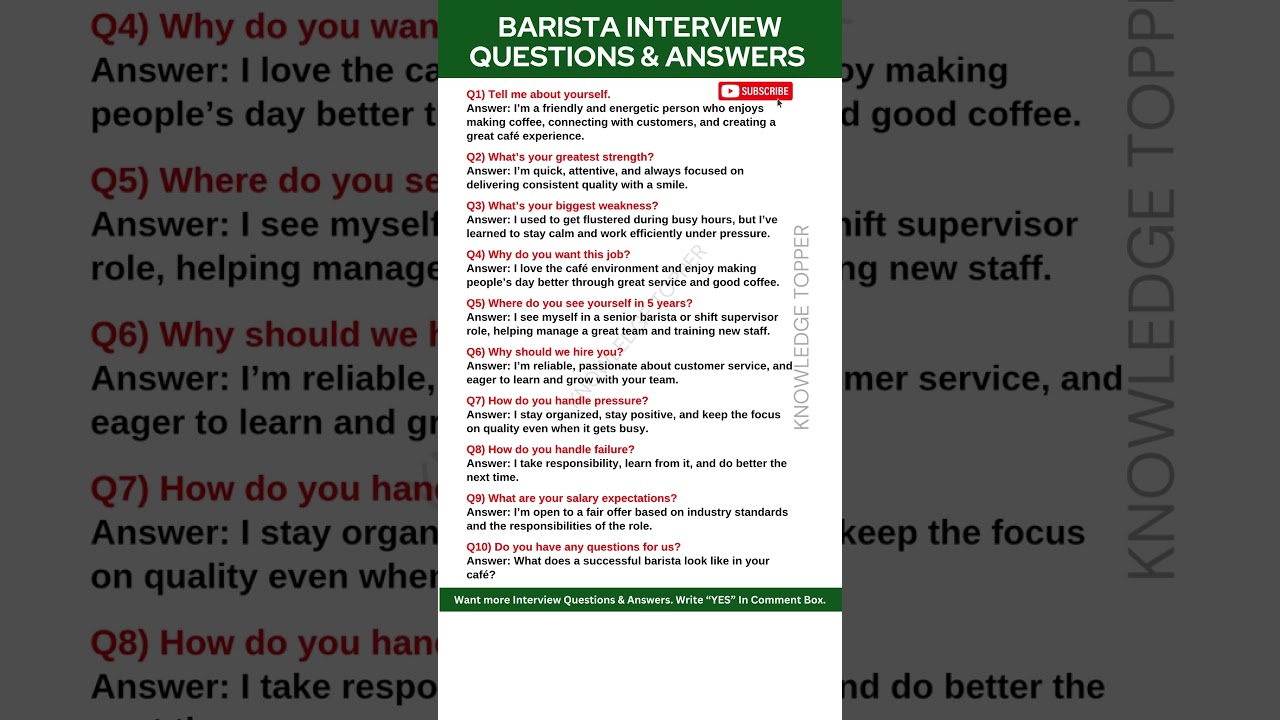 Barista Interview Questions and Answers | Barista Job Interview Questions and Answers
