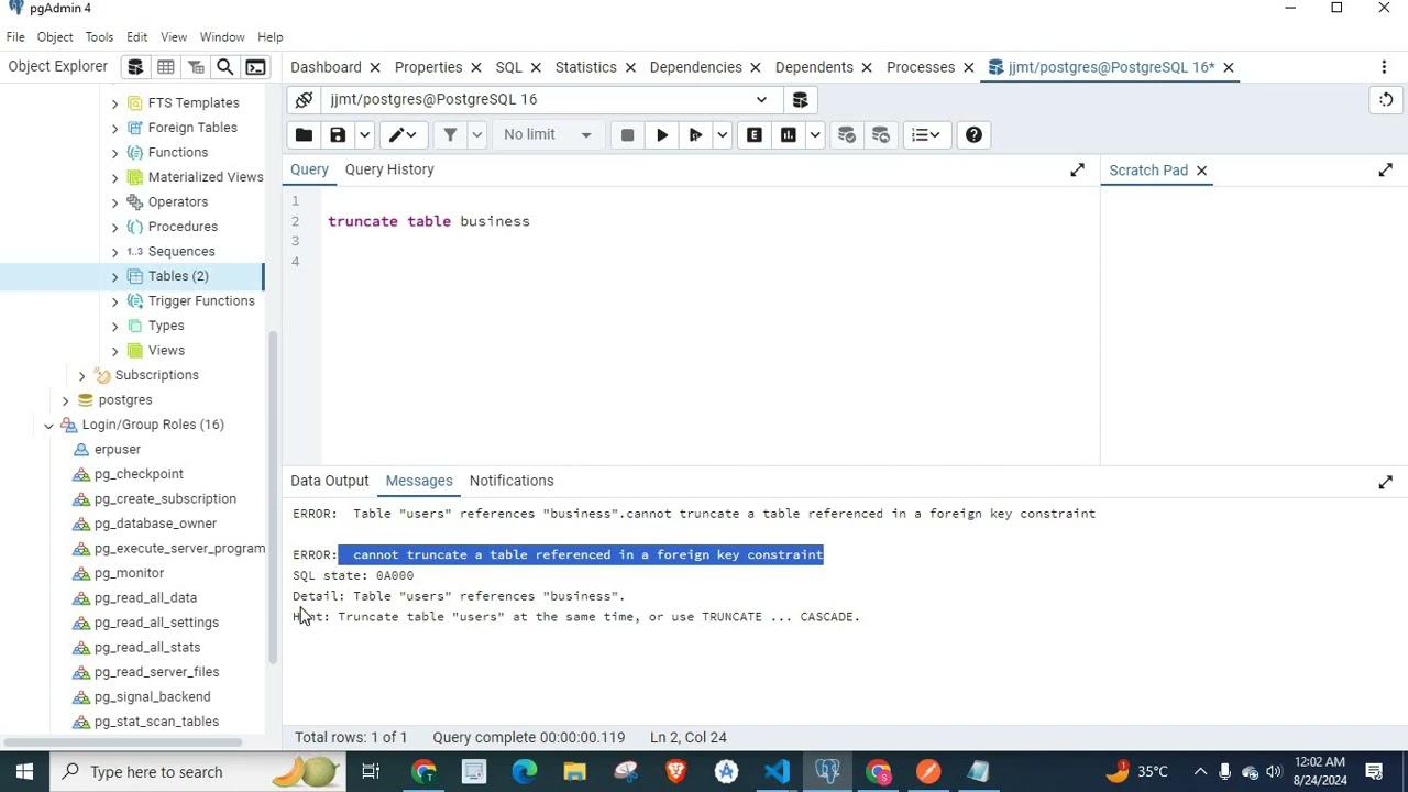 ERROR:  cannot truncate a table referenced in a foreign key constraint postgresql