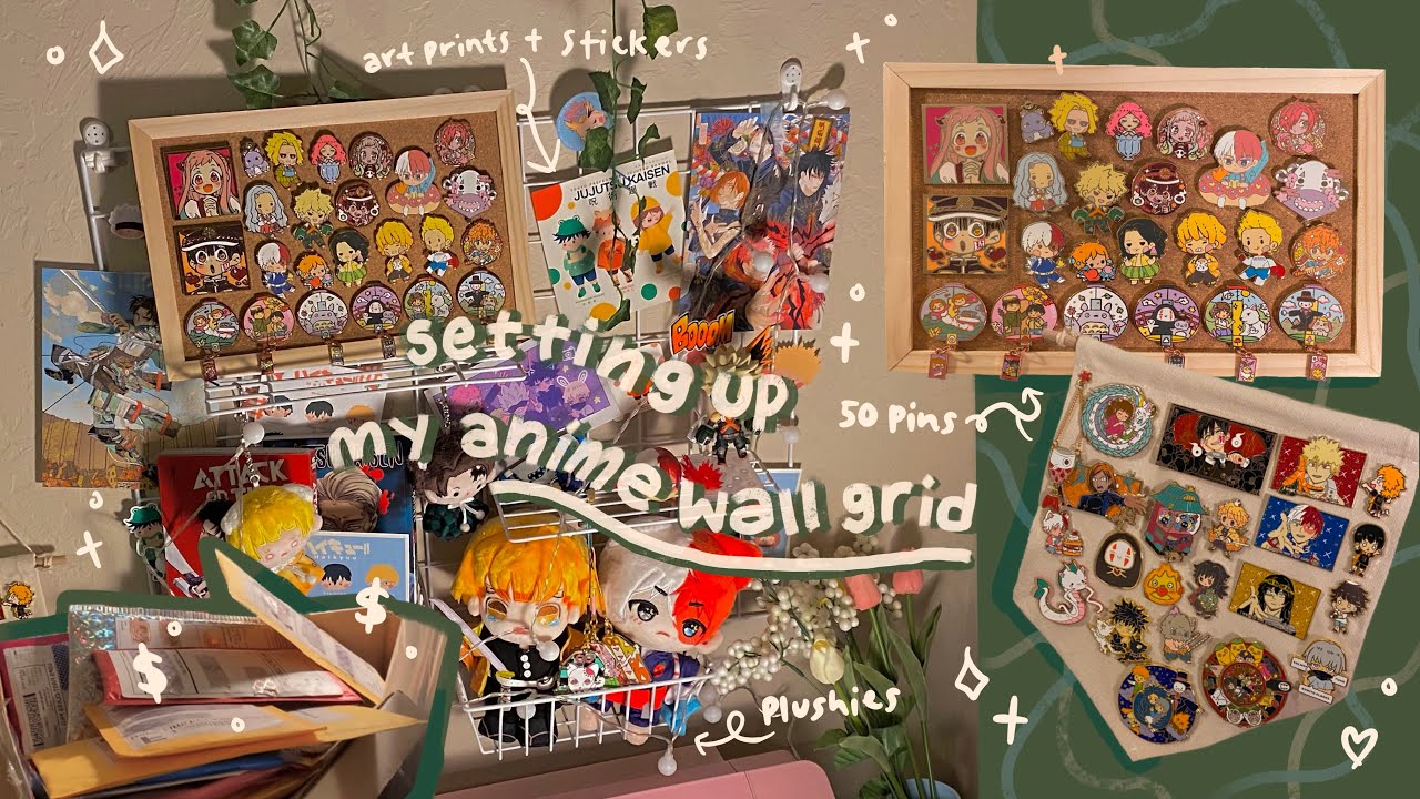 anime room decor :: grid wall + enamel pin haul ⛩