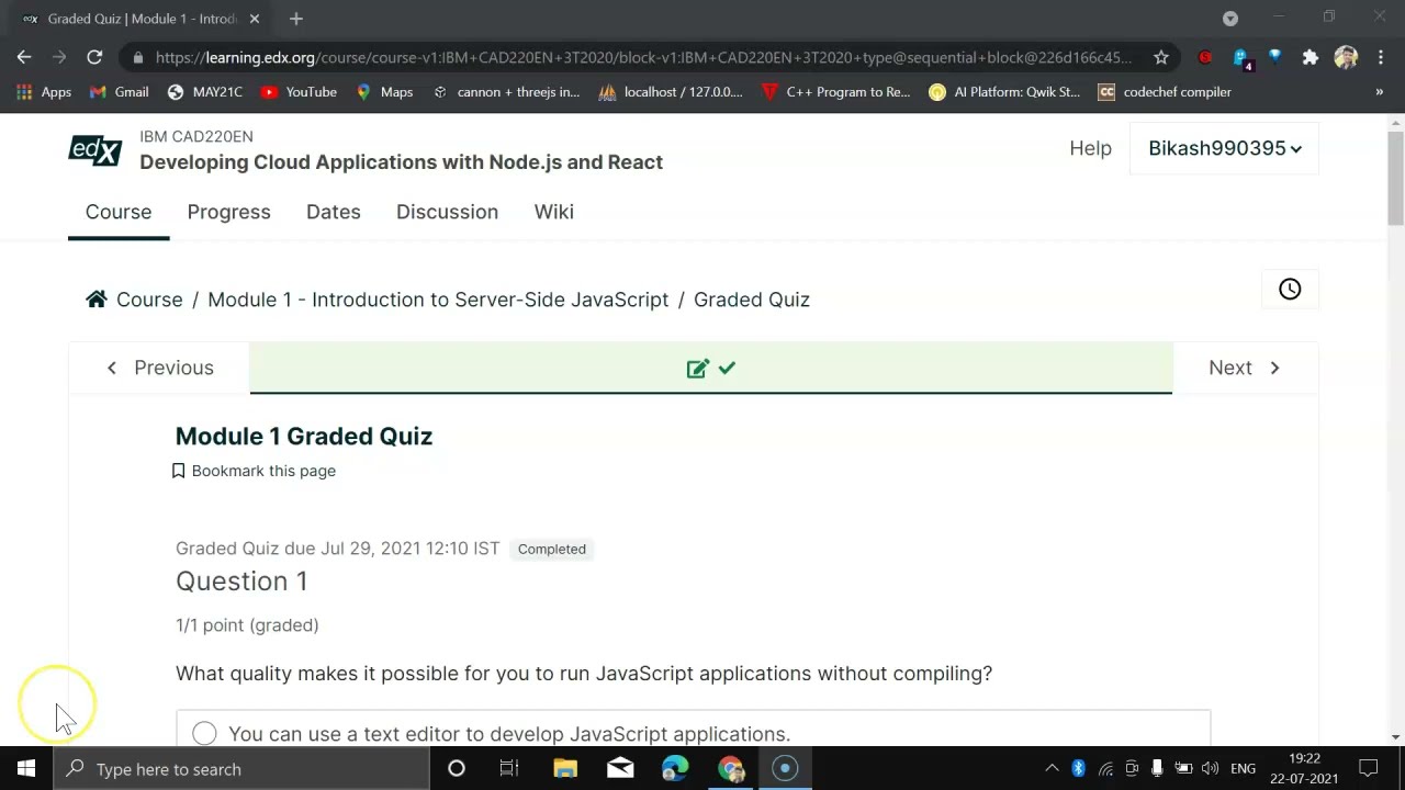 Developing Cloud Applications with Node.js and React Module 1 Graded Quiz