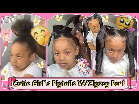 ????Kid's Hairstyle: Sleek Double Ponytails + Zigzag Part | Cute Girls Hair Ft.#ULAHAIR