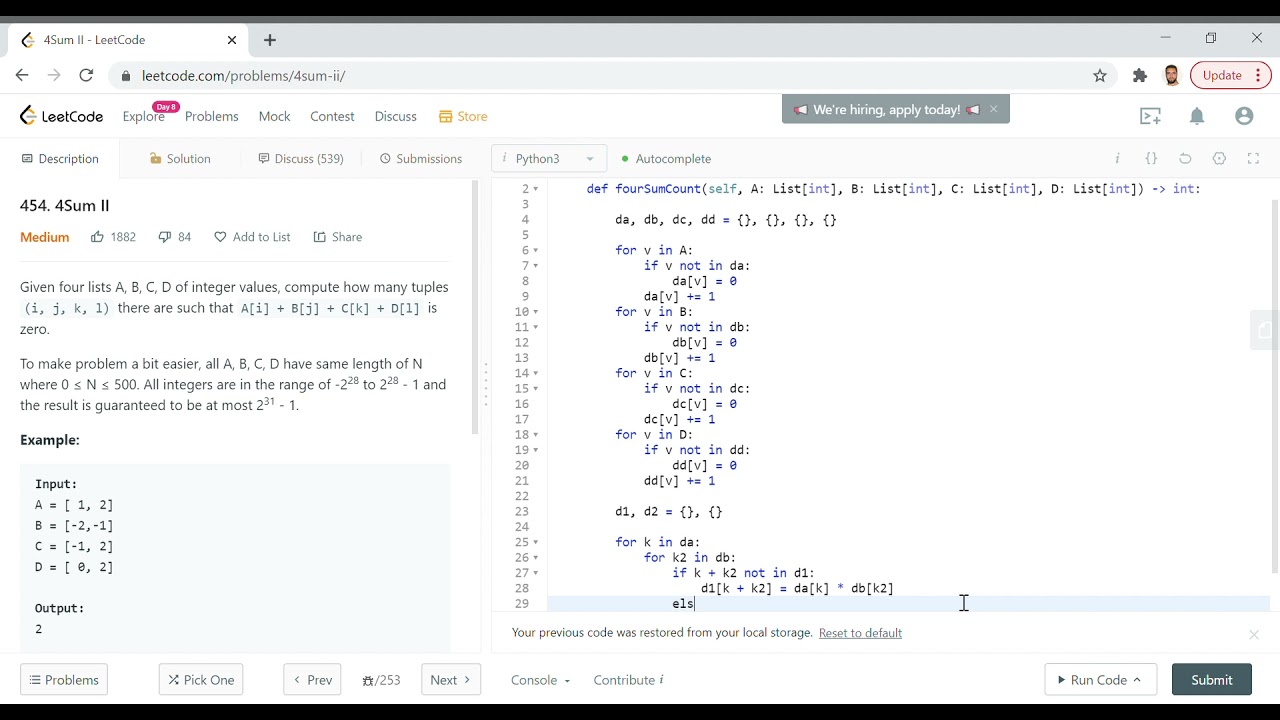 LeetCode  454: 4Sum II: Python Medium