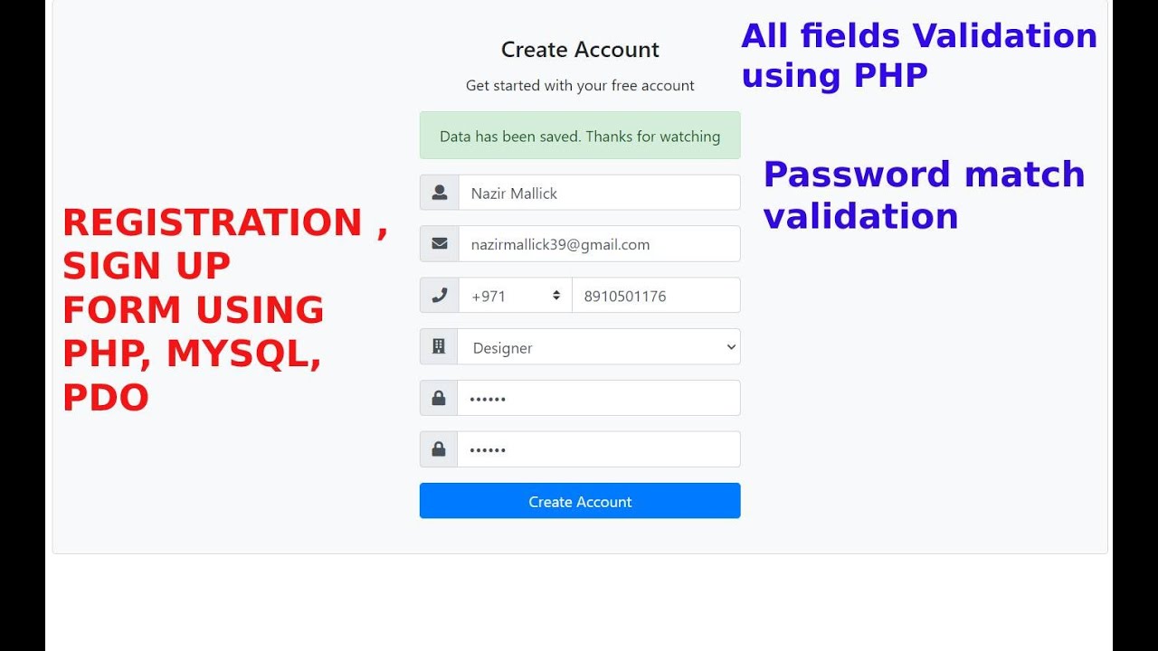 Create User Registration Form with Validation using PHP, PDO with MySQL Database