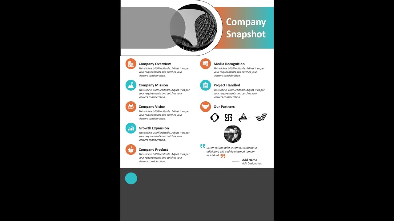 One Page Company Snapshot Presentation Template | Kridha Graphics
